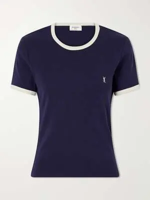 Saint Laurent Cassandre-embroidered Cotton-jersey T-shirt - Blue