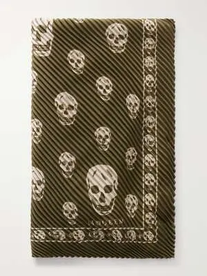 Alexander McQueen Printed Plissé Silk-satin Scarf - Green
