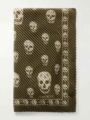 Alexander McQueen Printed Plissé Silk-satin Scarf - Green