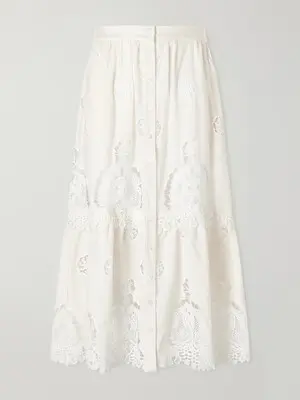 Miguelina Carolina Guipure Lace Trimmed Cotton-blend Maxi Skirt - Neutrals