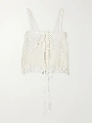 Miguelina Palmer Cropped Guipure Lace-trimmed Cotton-blend Top - Neutrals