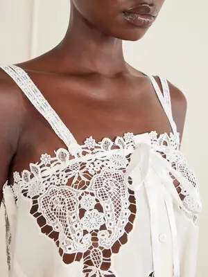 Miguelina Palmer Cropped Guipure Lace-trimmed Cotton-blend Top