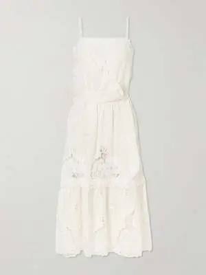 MIGUELINA Esme Belted Guipure Lace-trimmed Cotton-blend Midi Dress
