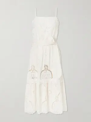 Miguelina Esme Belted Guipure Lace-trimmed Cotton-blend Midi Dress - Neutrals