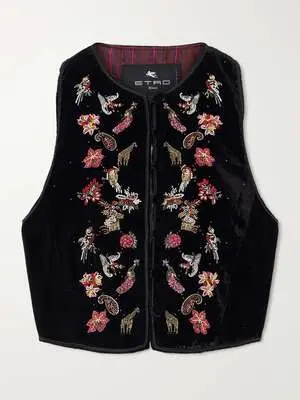 Etro Bead-embellished Cropped Velvet Vest - Black