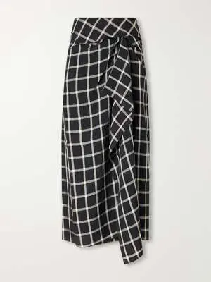 Erdem Draped Checked Crinkled-satin Midi Skirt