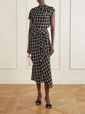 Erdem Draped Checked Crinkled-satin Midi Skirt
