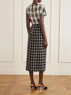 Erdem Draped Checked Crinkled-satin Midi Skirt