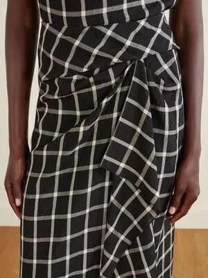 Erdem Draped Checked Crinkled-satin Midi Skirt