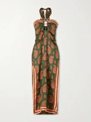 Johanna Ortiz Desert Heart" Printed Cut-out Halterneck Linen Maxi Dress - Green