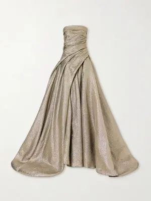 MARMAR HALIM Off-the-shoulder Draped Brocade Gown - Gold