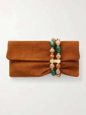 JIMMY CHOO Zandra Beaded Leather Shoulder Clutch - Tan