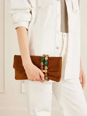 JIMMY CHOO Zandra Beaded Leather Shoulder Clutch - Tan