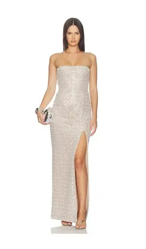 BRONX BANCO Allegra Pearl Veronica Maxi Dress With Slit In Metallic - Silver