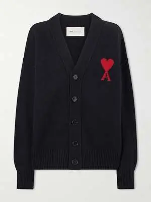AMI Paris Intarsia Merino Wool Cardigan - Black