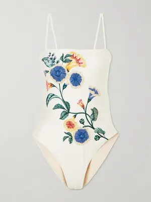 Agua Bendita Durazno Brisa Floral-embroidered Recycled Swimsuit - Neutrals