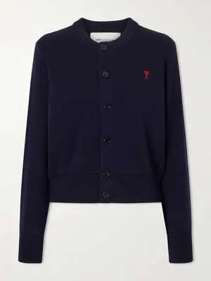 AMI Paris Embroidered Wool Cardigan - Navy