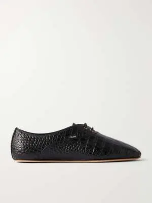 Celine Croc-effect Leather Oxford Shoes - Black