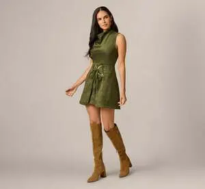 Adrianna Papell Microsuede Cowl Neck Tie Front Mini Dress - Olive