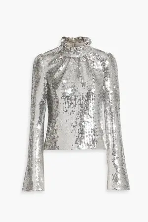Rabanne Sequined Mesh Turtleneck Top - Silver