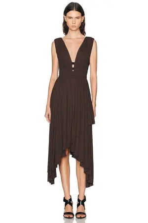 Alaïa V-neck Asymmetrical Hem Midi Dress - Chocolat