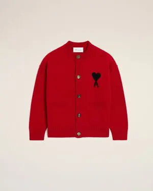 AMI Paris Red Crewneck Wool Cardigan