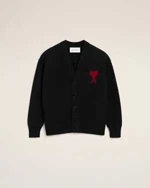 AMI Paris Black Wool Cardigan With De Coeur Black - Black/red