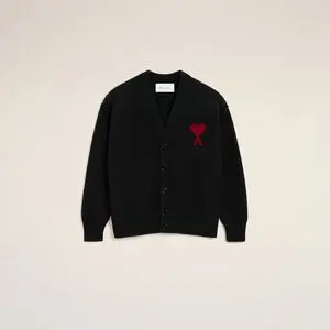 AMI Paris De Coeur Logo Wool Cardigan - Black/red