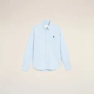 AMI Paris Cotton Button-down Shirt With De Coeur Embroidery - Sky Blue
