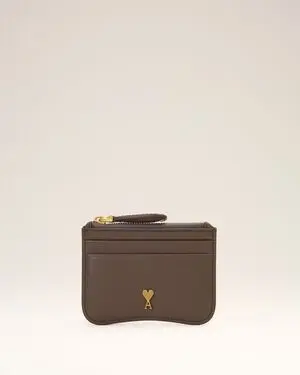 AMI Paris Brown Paris Paris Zipped Cowhide Leather Card Holder Brown - Truffle