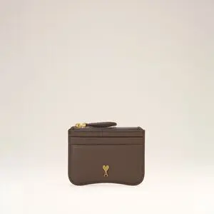 AMI Paris Brown Paris Paris Zipped Cowhide Leather Card Holder Brown