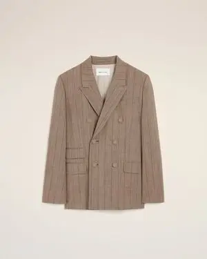 AMI Paris Brown Double Breasted Striped Wool Blazer Brown