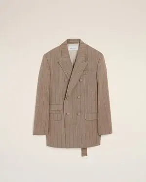 AMI Paris Brown Double Breasted Striped Wool Blazer Brown - Choco Brown/ruby Red