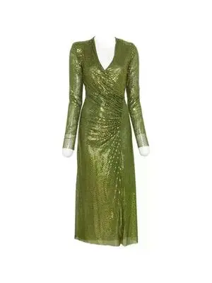 SELF-PORTRAIT Rhinestone-embellished Ruched Midi Dress - Green
