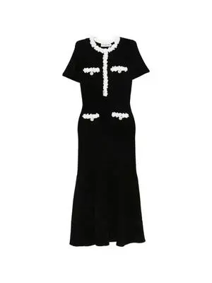 SELF-PORTRAIT Floral-appliqué Ribbed-knit Midi Dress - Black