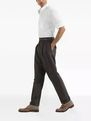 Brunello Cucinelli Virgin Wool And Cashmere Chalk Stripe Trousers With Double Pleats - Brown