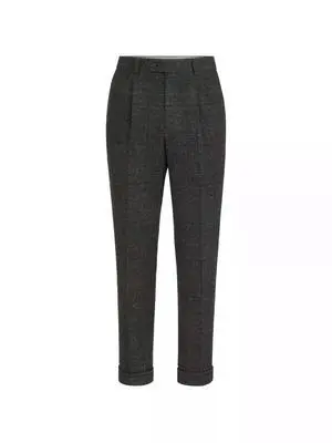 Brunello Cucinelli Silk, Wool And Cashmere Prince Of Wales Flannel Trousers With Pleat - Grey
