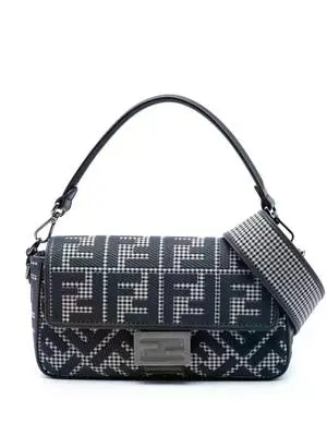 Fendi 2010-2026 Ff Embroidered Wool Houndstooth Baguette Satchel - Grey