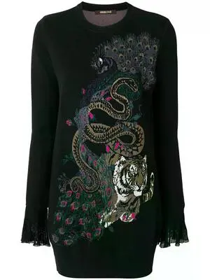 Roberto Cavalli Longline Peacock Sweater - Black