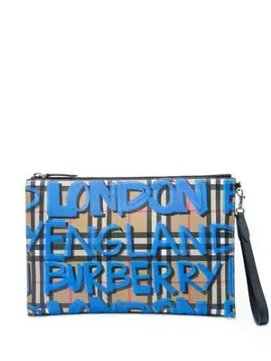 Burberry 2000-2017 House Check Canvas Graffiti Zip Pouch Clutch Bag - Neutrals