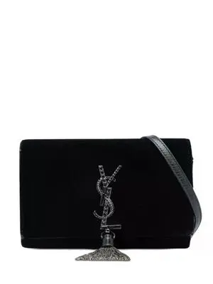 Saint Laurent 2018 Velvet Crystal Monogram Kate Tassel Wallet On Chain Crossbody Bag - Black