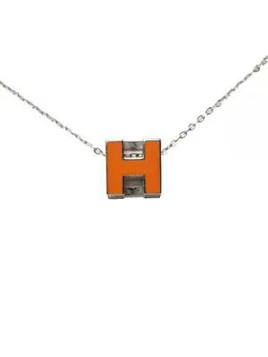 Hermès Palladium Plated Lacquered Cage 'h' Pendant Necklace - Orange