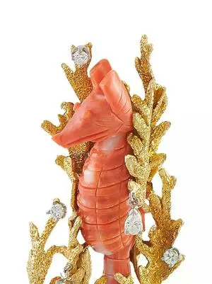 LB EXCLUSIVE 18k Yellow Coral Seahorse Diamond Brooch - Gold