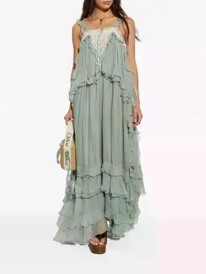 Chloé Sleeveless Layered Long Dress In Silk Mousseline & Lace - Green