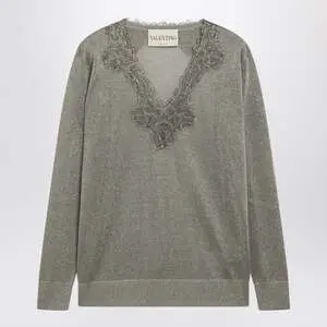 Valentino Garavani Viscose Blend Lace V-neck Sweater - Silver