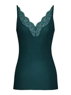 Saint Laurent Ribbed Silk Tank Top With Lace Details - Multicolor