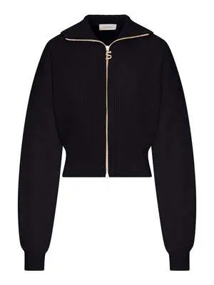 Sportmax Ribbed Wool Cardigan With Wide Collar And Zipper - Black