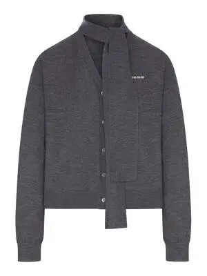 Miu Miu Wool Cardigan With Scarf And Logo - Gray