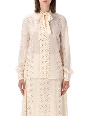 Valentino Garavani VALENTINO GARAVANI Printed Pure Silk Self-Tie Neckline Blouse Bianco