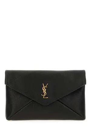 Saint Laurent Textured Leather Envelope Clutch With Gold Tone Logo